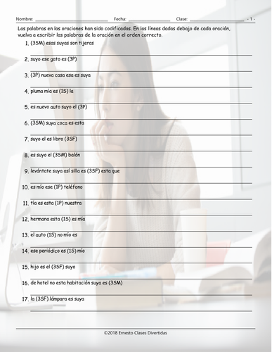 Possessive Pronouns Spanish Scrambled Sentences Worksheet | Teaching ...