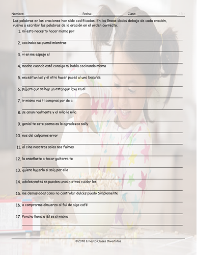 Reflexive and Reciprocal Pronouns Spanish Scrambled Sentences Worksheet ...