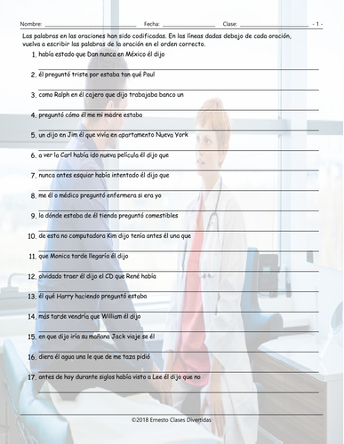 Reported Speech Spanish Scrambled Sentences Worksheet | Teaching Resources