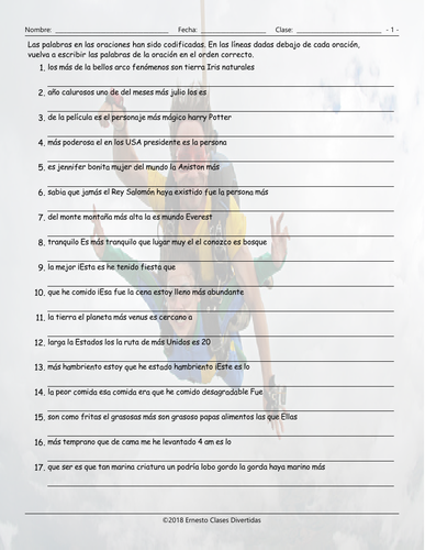Superlative Adjectives Spanish Scrambled Sentences Worksheet | Teaching ...