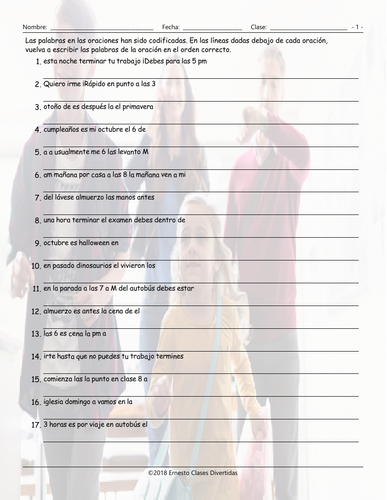 Time Prepositions Spanish Scrambled Sentences Worksheet | Teaching ...
