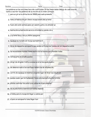 Airports and Hotels Spanish Scrambled Sentences Worksheet | Teaching ...