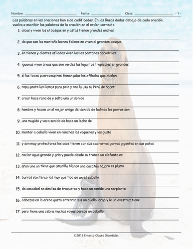 Animals Scrambled Spanish Sentences Worksheet | Teaching Resources