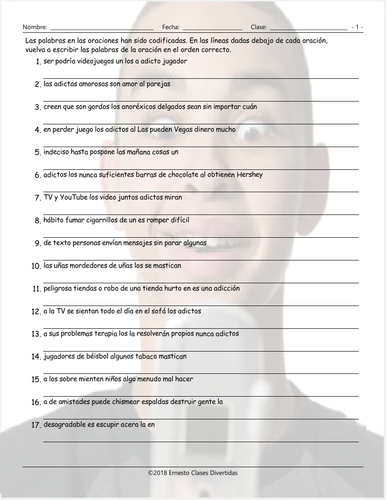 Bad Habits and Addictions Spanish Scrambled Sentences Worksheet ...