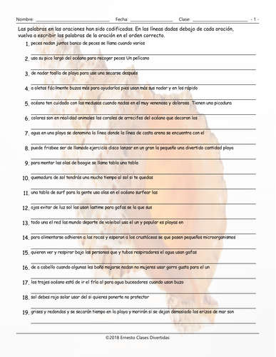 Beach Things and Activities Spanish Scrambled Sentences Worksheet ...