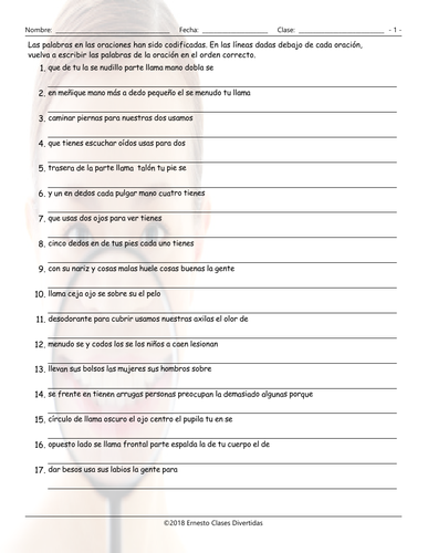 Body Parts Scrambled Spanish Sentences Worksheet | Teaching Resources