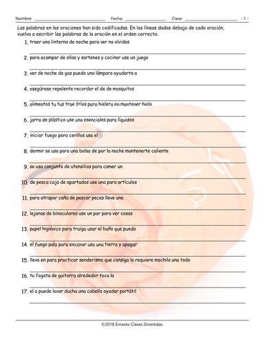 Camping Things and Activities Spanish Scrambled Sentences Worksheet ...