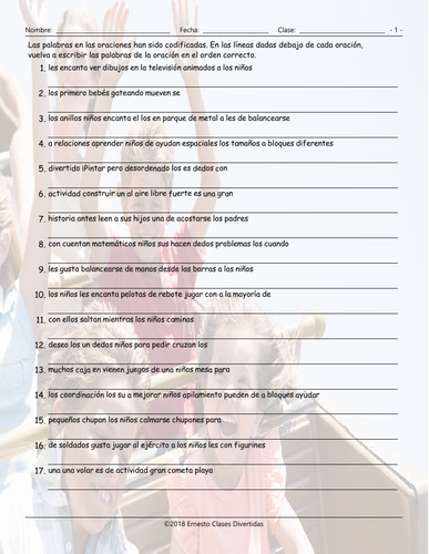 Childhood Activities Spanish Scrambled Sentences Worksheet | Teaching ...