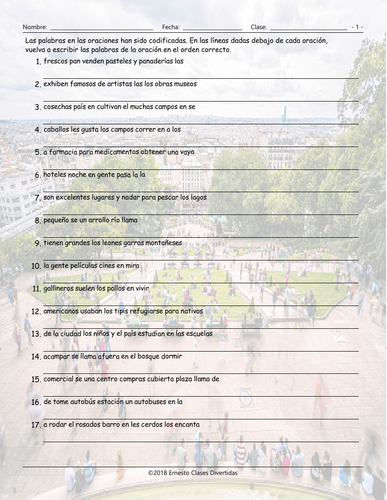 City versus Country Spanish Scrambled Sentences Worksheet | Teaching ...