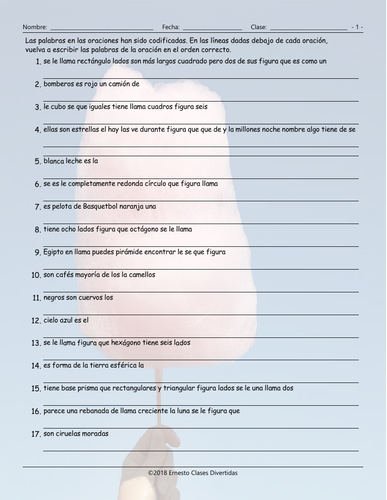 Colors and Shapes Spanish Scrambled Sentences Worksheet | Teaching ...