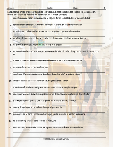 Daily Activities Spanish Scrambled Sentences Worksheet | Teaching Resources