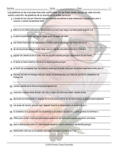 Dating and Marriage Spanish Scrambled Sentences Worksheet | Teaching ...