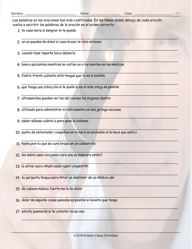 Doctor's, Illnesses and Injuries Spanish Scrambled Sentences Worksheet ...