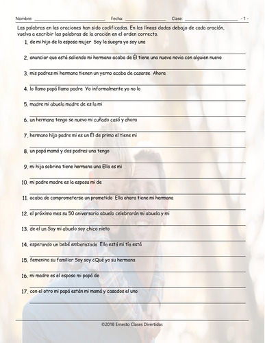 Family Members Spanish Scrambled Sentences Worksheet | Teaching Resources