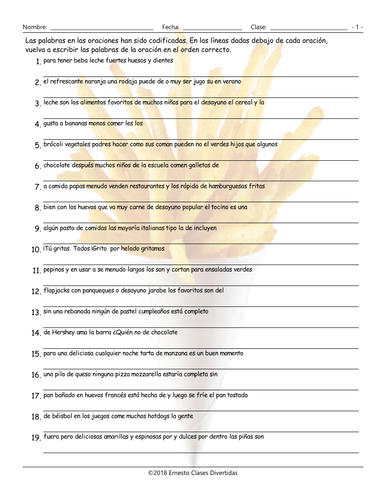 Food Items Spanish Scrambled Sentences Worksheet | Teaching Resources