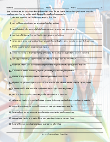 Friendship Activities Spanish Scrambled Sentences Worksheet | Teaching ...