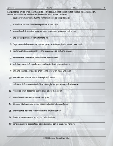 Geology and Planet Spanish Scrambled Sentences Worksheet | Teaching ...