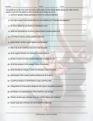 Healthy Lifestyle and Nutrition Spanish Scrambled Sentences Worksheet ...