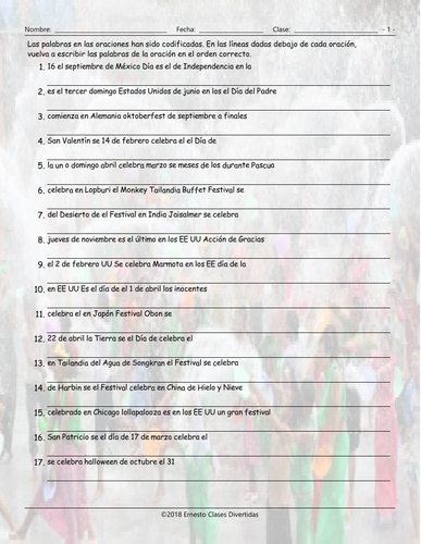Holidays and Festivals Around the World Spanish Scrambled Sentences ...
