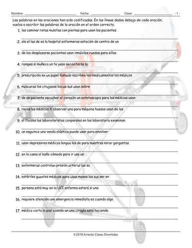 Hospitals and Injuries Spanish Scrambled Sentences Worksheet | Teaching ...