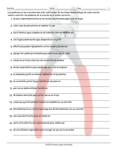 House Repairs, Tools, and Supplies Spanish Scrambled Sentences ...