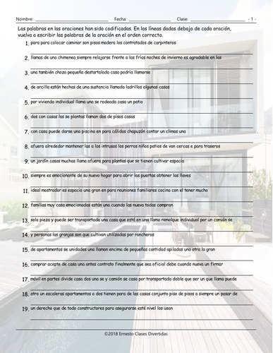 Houses and Apartments Spanish Scrambled Sentences Worksheet | Teaching ...