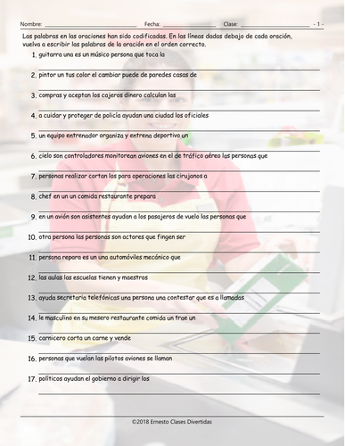 Jobs and Professions Spanish Scrambled Sentences Worksheet | Teaching ...