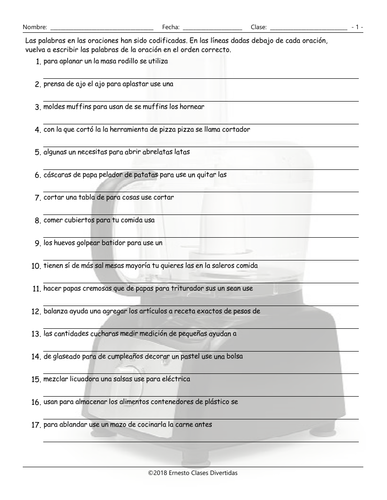 Kitchen Cookware and Utensils Spanish Scrambled Sentences Worksheet ...
