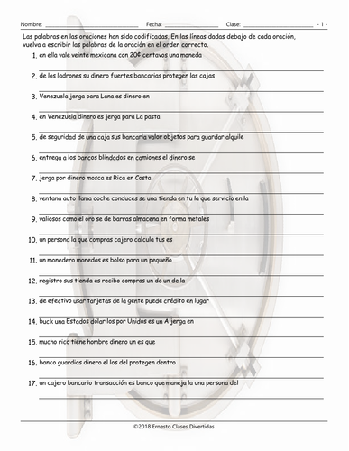 Money and Banking Spanish Scrambled Sentences Worksheet | Teaching ...
