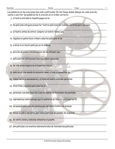 Movie Things and Genres Spanish Scrambled Sentences Worksheet ...