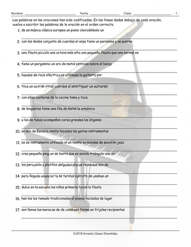 Musical Instruments Spanish Scrambled Sentences Worksheet | Teaching ...