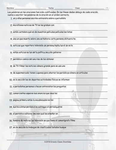 News Media Spanish Scrambled Sentences Worksheet | Teaching Resources