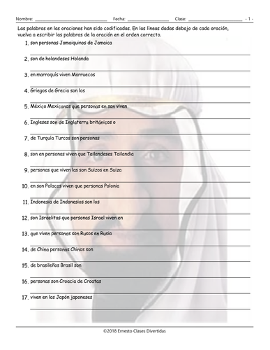 Origins and Nationalities Spanish Scrambled Sentences Worksheet ...
