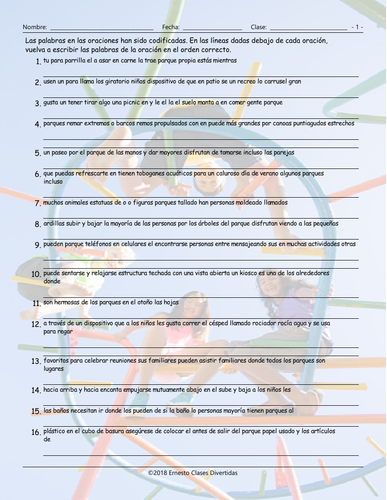 Park Things and Activities Spanish Scrambled Sentences Worksheet ...