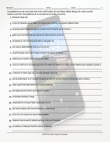 Personal Information Spanish Scrambled Sentences Worksheet | Teaching ...