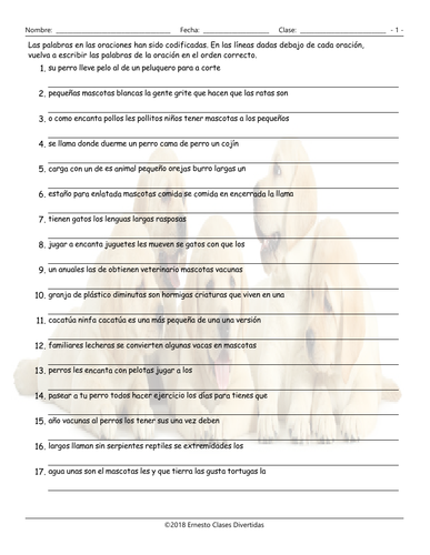Pets and Pet Care Spanish Scrambled Sentences Worksheet | Teaching ...