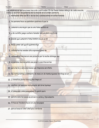 Restaurant Things and Activities Spanish Scrambled Sentences Worksheet ...