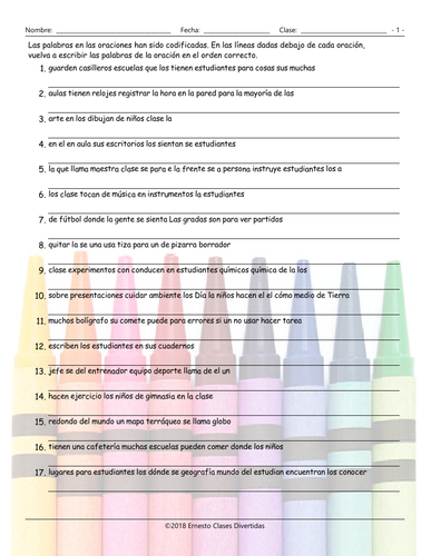 School Items, Places, and Subjects Spanish Scrambled Sentences ...