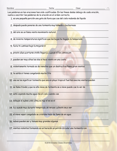 Seasons and Weather Spanish Scrambled Sentences Worksheet | Teaching ...