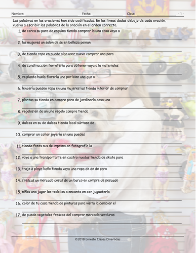 Stores and Shops Spanish Scrambled Sentences Worksheet | Teaching Resources