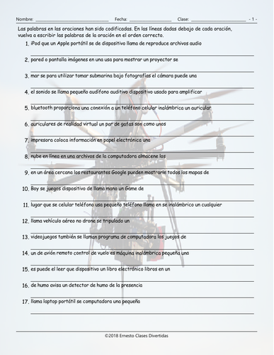 Technology and Gadgets Spanish Scrambled Sentences Worksheet | Teaching ...