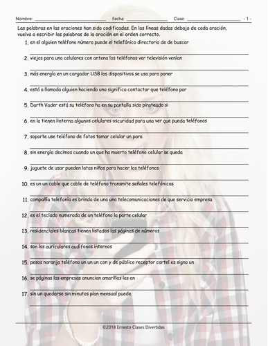Telephones Spanish Scrambled Sentences Worksheet | Teaching Resources