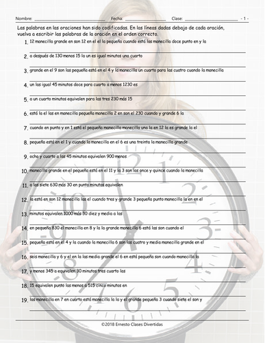 Telling Time Spanish Scrambled Sentences Worksheet | Teaching Resources