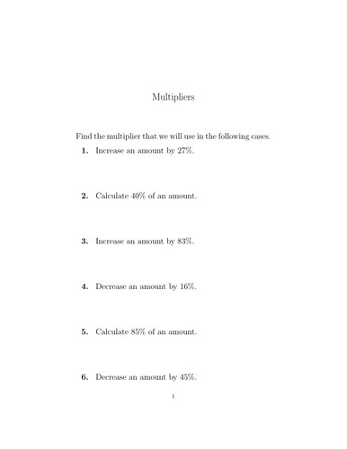Multipliers worksheet (with solutions) | Teaching Resources