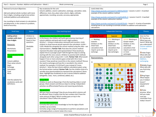 Year 5- Week 1- Addition and Subtraction Differentiated Worksheets ...