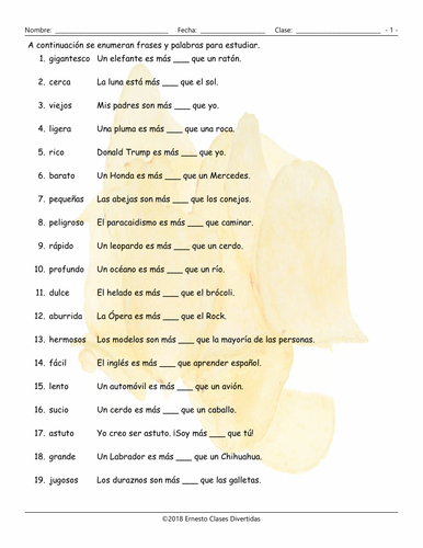 Comparative Adjectives Spanish Study Sheet | Teaching Resources