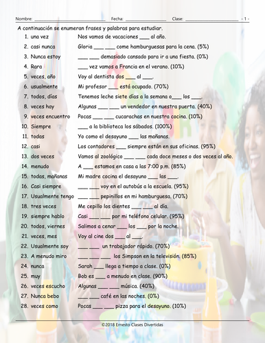 Frequency Adverbs Spanish Study Sheet | Teaching Resources