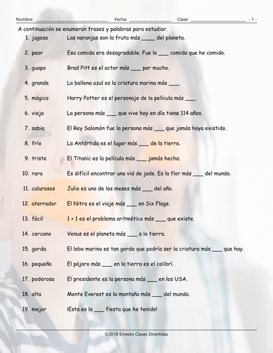 Superlative Adjectives Spanish Study Sheet | Teaching Resources
