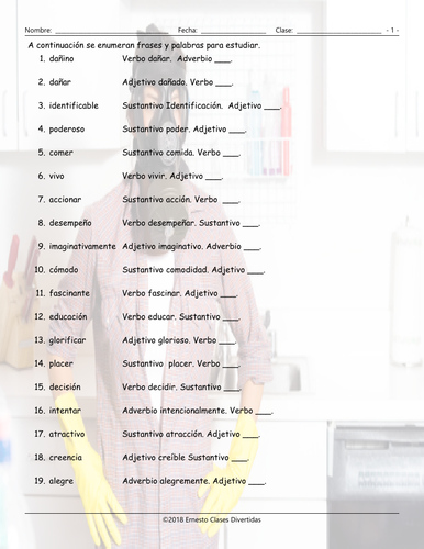 Word Forms Spanish Study Sheet | Teaching Resources