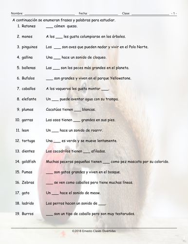 Animals Spanish Study Sheet | Teaching Resources